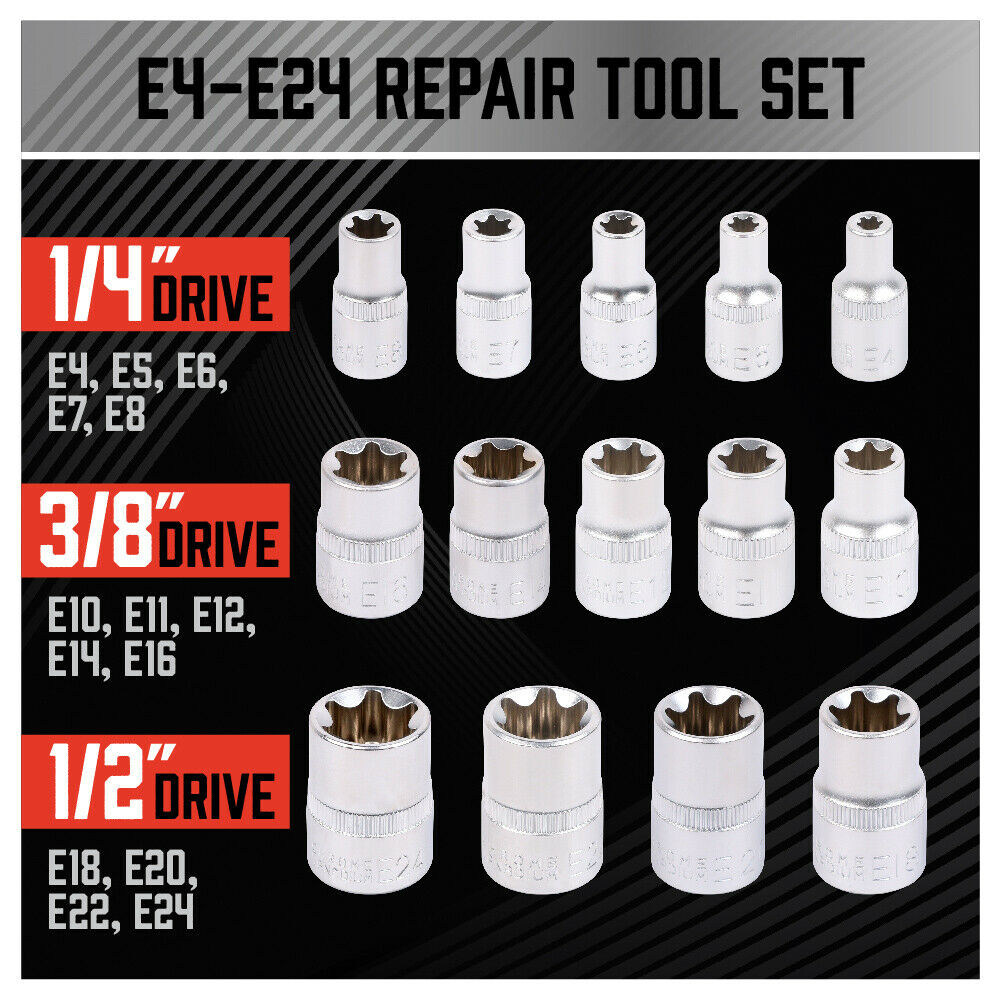 E Torx Socket Set Female Start Bit External Hex Torque E4-E24 w/case G